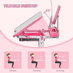 Qaba Kids Desk and Chair Set, Height Adjustable School Study Table and Chair, Student Writing Desk with Tilt Desktop, LED Light, Pen Box, Drawer, Reading Board, Cup Holder, and Pen Slots, Pink