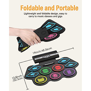 9 Pads Electronic Drum Set, 19×13 Inch Roll-Up Drum Portable Drum Pad Kit With MIDI Education Function, Built-in Speaker, Supports headphone/Bluetooth, Great Holiday Birthday Gift for Kids – Colorful
