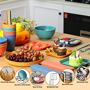 52 Pieces Wheat Straw Dinnerware Set Unbreakable Microwave Dishwasher Safe Plates and Bowls Sets Reusable Wheat Straw Plates Cups Bowls Spoon Knife Fork Straw Cutlery Set for Kitchen Picnic Camping