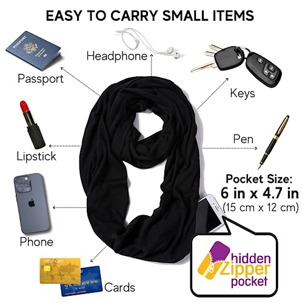 elzama Infinity Loop Solid Color Scarf With Hidden Zipper Pocket For Women - Lightweight Travel Neck Wrap