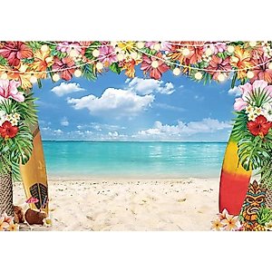 LIVUCEE 7x5ft Fabric Summer Hawaiian Beach Backdrop for Photography Tropical Flower Luau Hawaiian Party Decorations Aloha Blue Sky Ocean Palm Leaves Background Suppiles Photoshoot