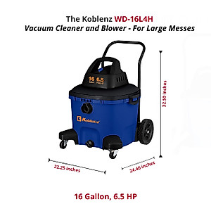 Koblenz WD-16L4H 6.5 HP Vacuum Cleaner and Blower with Rear Handle, 2-1/2"" in x 8' Hose, 16 Gallon Tank, Blue/Black
