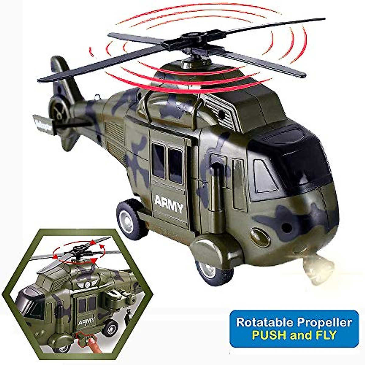 Liberty Imports Army Rescue Helicopter Friction Powered Toy Military Vehicle for Boys | Push and Go Chopper with Pretend Play Action Lights and Sounds (Military)