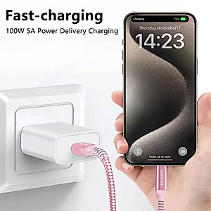 100W USB C to USB C Cable 15ft Long Pink,USBC to USBC,Awnuwuy (20V/5A) Type C PD Fast Charging Power Charging Cord Compatible with iPhone 15/15 Pro/15 Plus/15 Pro Max,iPad Pro, Samsung S23 S22,MacBook