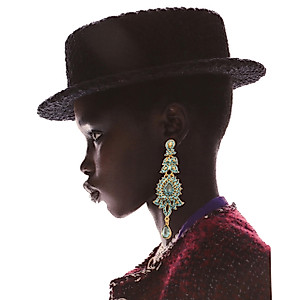 Touchstone Hollywood Glamour Oscar Collection Extra Long Chandelier Earrings, Indian Paisley Motif Filigree Turquoise Blue Rhinestones, Designer Bridal Jewelry, Antique Gold Tone