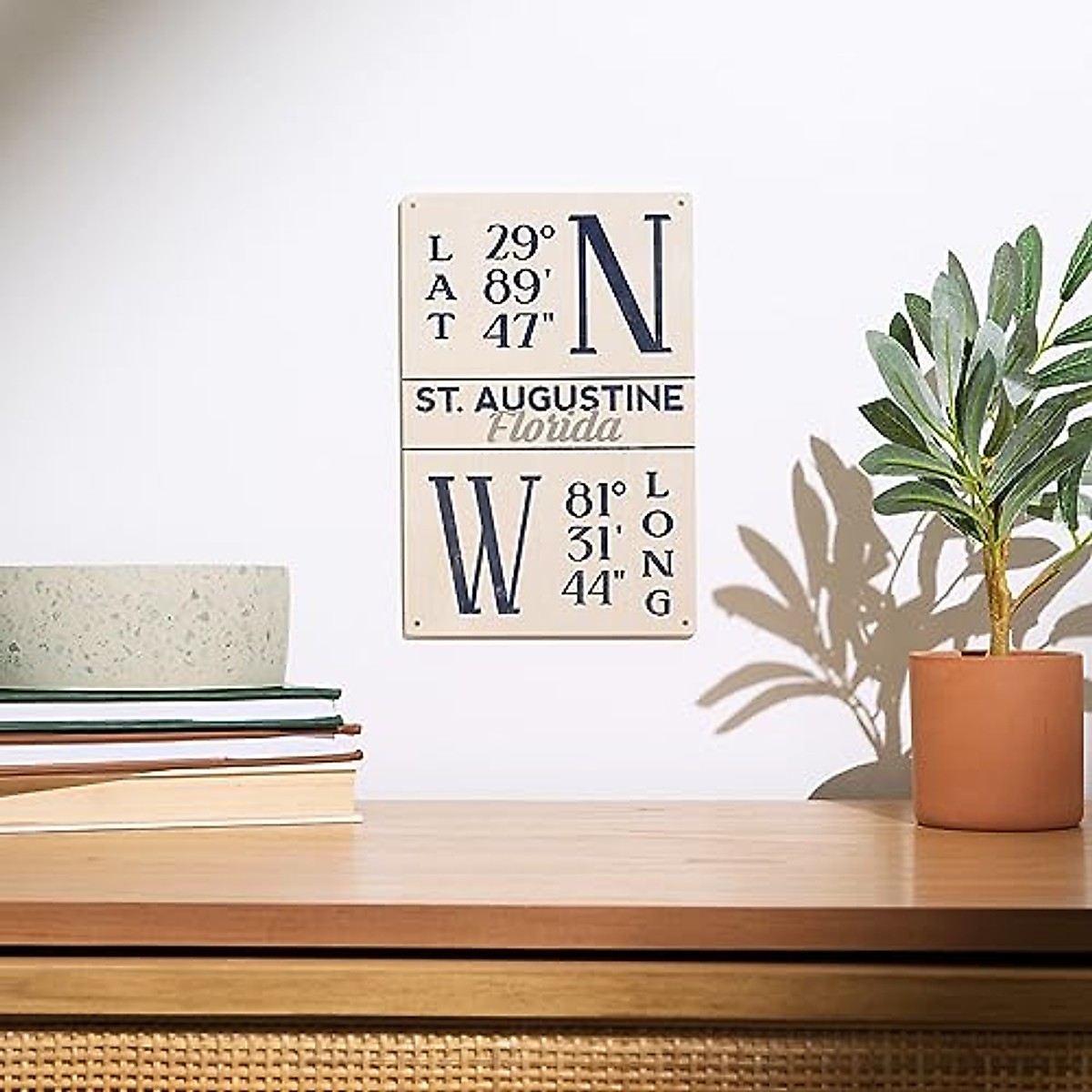 Lantern Press 6x9 Inch Wood Sign, Ready to Hang Wall Decor, St. Augustine, Florida, Latitude and Longitude (Blue)