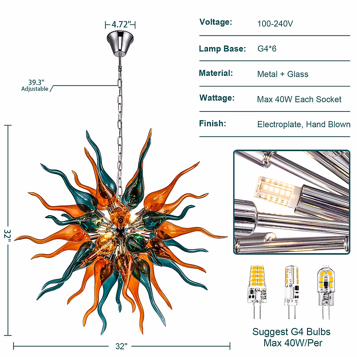 kelary Hand Blown Glass Chandeliers Living Room Modern Luxury Hanging Pendant Light Fixture Adjustable Height for Dinning Room/Lobby/Stairway/Bedroom/Study Room/Kids Room