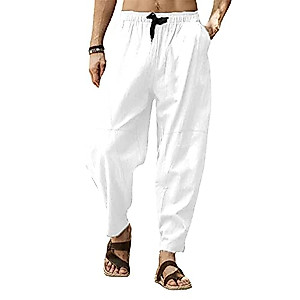 Men's Loose Fit Cotton Linen Pants Drawstring Stretch Comfy Summer Beach Yoga Pants Straight Leg Open Bottom Trousers White, 3X-Large