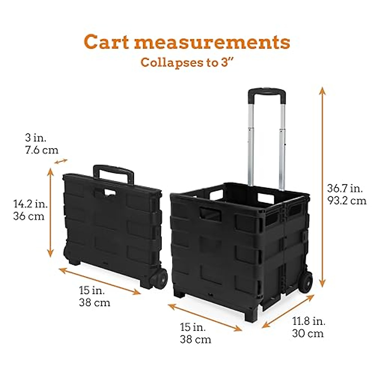 Inspired Living Ultra-Slim Rolling Collapsible Storage Pack-N-Roll Utility-carts, with Telescopic Handle, for Home, Garden, Shopping, Office, School use, Medium, Black
