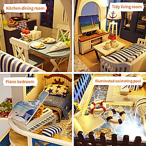 Yuzhen DIY Miniature Dollhouse Kit with Furniture and LED Lights, Modern Wooden Villa Model Includes Dustcover and Music Box, Creative Gift for Adults and Kids