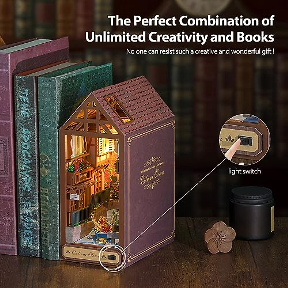 YUXUEWEN DIY Book Nook Kit, 3D Wooden Puzzle Bookend Bookshelf Decor with LED, Book Nook Kits for Adults, DIY Miniature Dollhouse Kit Model, Gifts for Crafts Hobbies Adults Teens