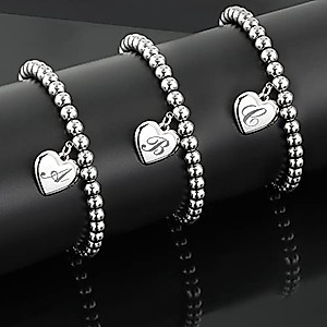 Estendly Initial Heart Charm Bracelets for Kids 6mm Stainless Steel Beaded Delicate Letters C Bracelet Jewelry Birthday Gift for Sister