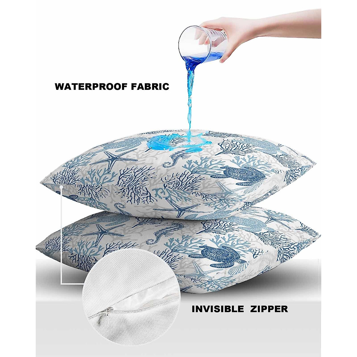 Sea Turtle Outdoor Waterproof Pillow Covers,Nautical Blue Coral Decorative Throw Pillow Covers,Starfish Shell Seahorse Cushion Case for Patio Tent Bed Sofa Living Room Marine Life on White Pillowcase
