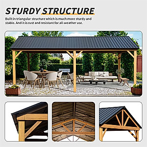 Evedy 12' x20' Wood Hardtop Gazebo, Solid Wood Hardtop Pavilion, Galvanized Steel Gable Roof Gazebo Pergola with Wood Grain Aluminum Frame, for Patio, Lawn, Garden, Easy Installation