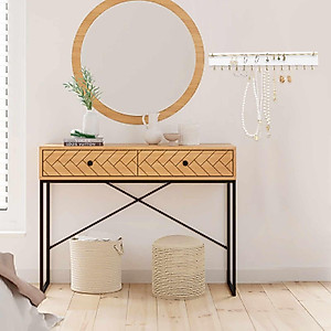 SCUNDA Wall Jewelry Holder Organizer, Adhesive Jewelry Organizer Wall Mount, Space-saving Jewelry Rack with 14 Hooks and Holder, Wooden Jewelry Shelf for Necklace, Earing, Ring, Bracelet(White)