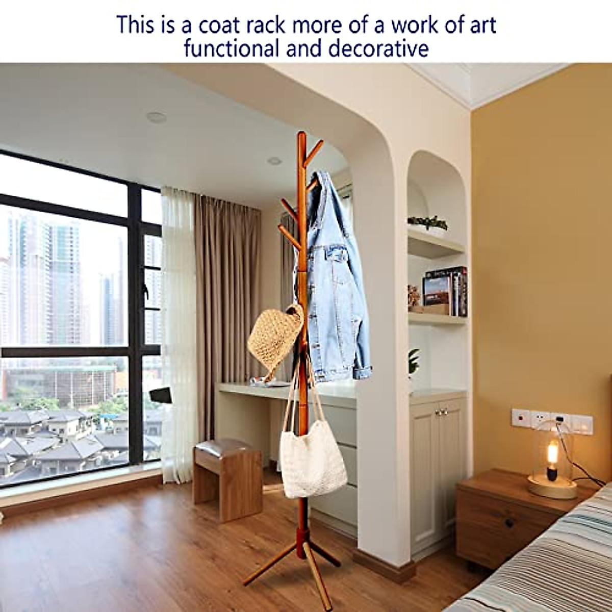 Gcnobaem Wooden Tree Coat Rack with 3 Adjustable Sizes, 8 Hooks, Super Easy Assembly NO Tools Required, Free Standing Solid Coat Hanger Stand for Clothes, Garment, Hats, Accessories (Dark Walnut)