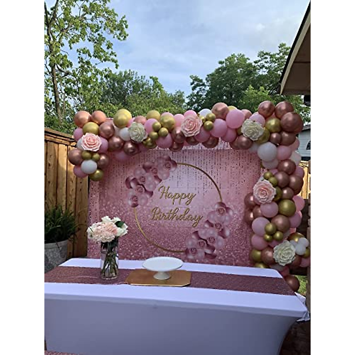 Pink Rose Gold Happy Birthday Photography Backdrop Glitter Sparkle Balloon Women Sweet Princess Girl Women Birthday Party Photo Background Dessert Cake Table Decor Props(7x5FT)