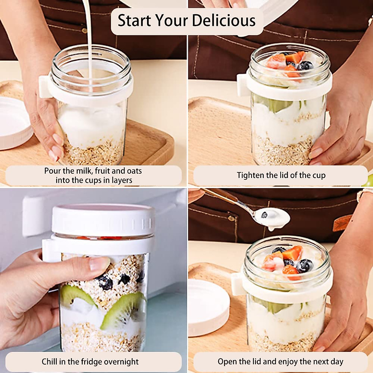 FHDUSRYO 3PCS Overnight Oats Containers with Lids and Spoon, 10oz Overnight Oats Jars, Large Airtight Oatmeal Container with Bag, Glass Mason Jars for Cereal Fruit Milk Salad Meal Prep (White+Grey)