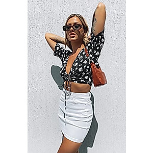 Just Quella Women's High Waisted Jean Skirt Fringed Slim Fit Denim Mini Skirt (L, White2 Washed)