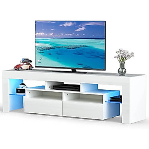 DMAITH White LED TV Stand for 50/55/60/65/70 TV, High Gloss Gaming Entertainment Center with Drawers and Open Shelves, TV Console Table for Living Room, Bedroom