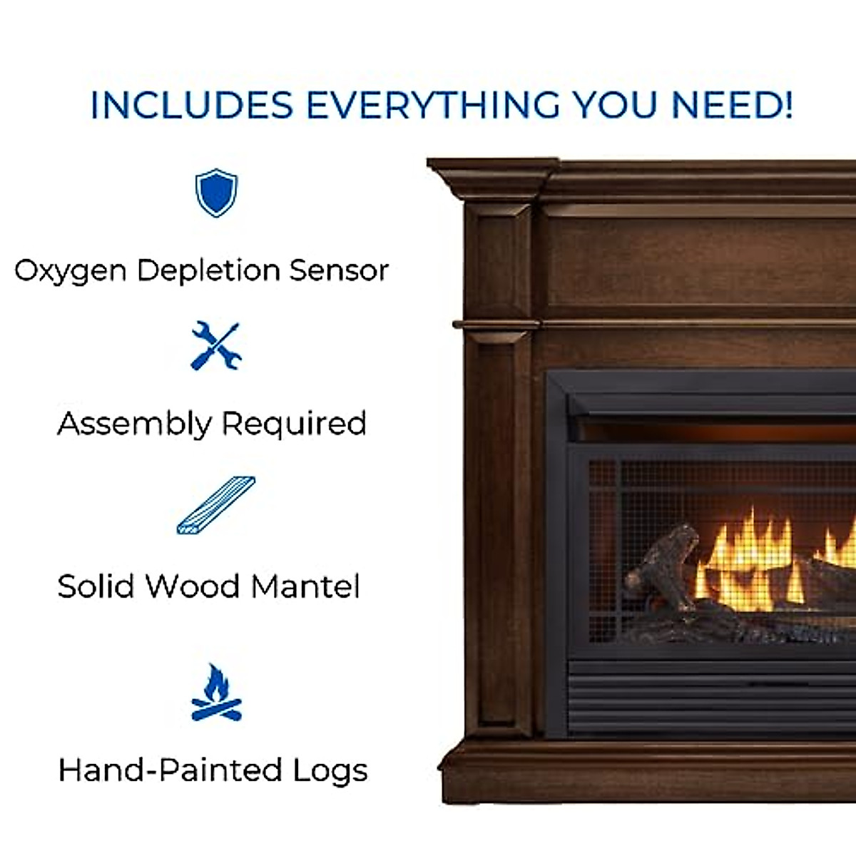 Duluth Forge Dual Fuel Ventless Gas Fireplace System with Mantle, Thermostat Control, 5 Fire Logs, Use with Natural Gas or Liquid Propane, 26000 BTU, Heats up to 1350 Sq. Ft., Gingerbread Finish