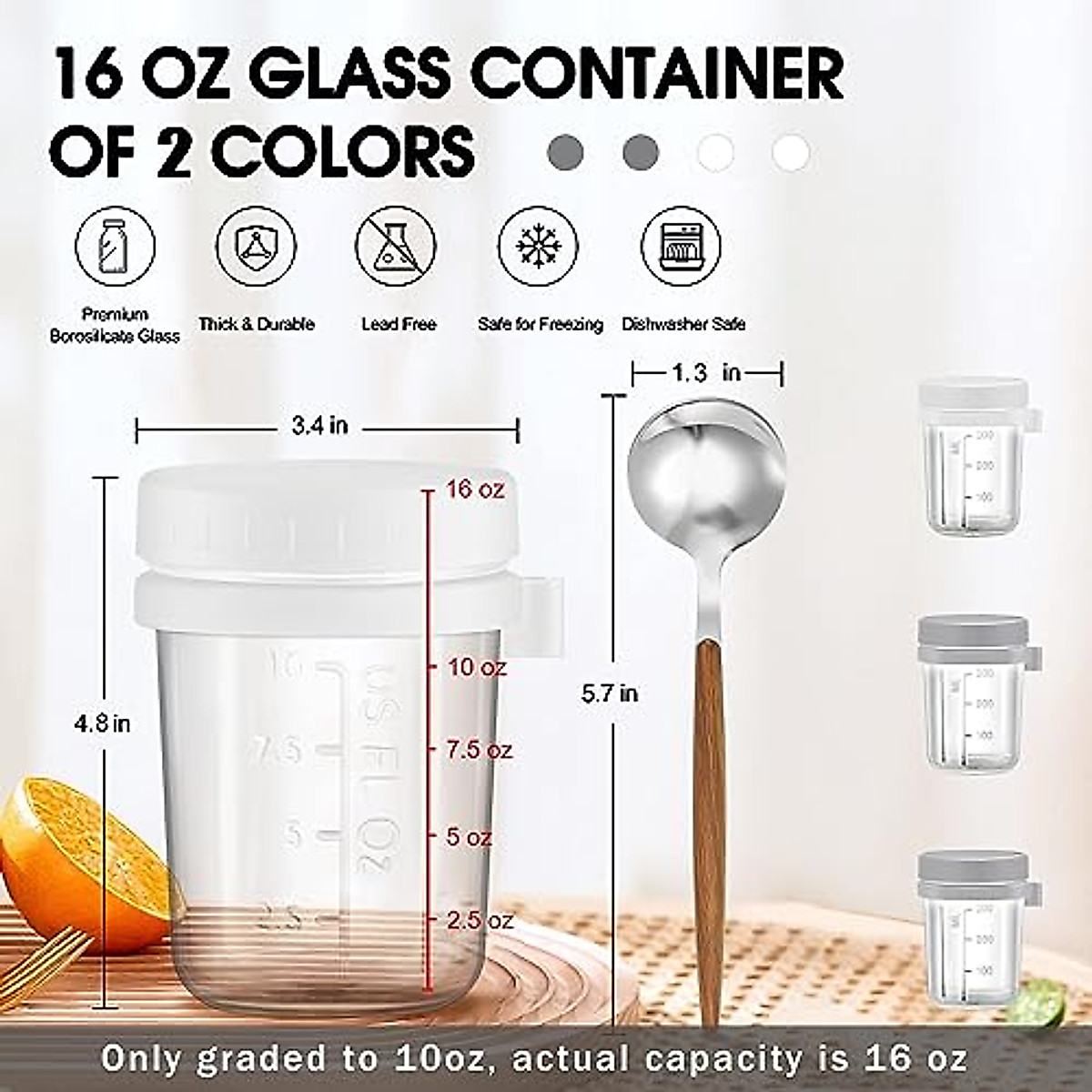 Tekuve 4 Pack Overnight Oats Containers with Lids and Spoon, 16 oz Glass Mason Jars with Airtight Lid for Overnight Oats Meal Prep Chia Yogurt Salad Fruit Gray White