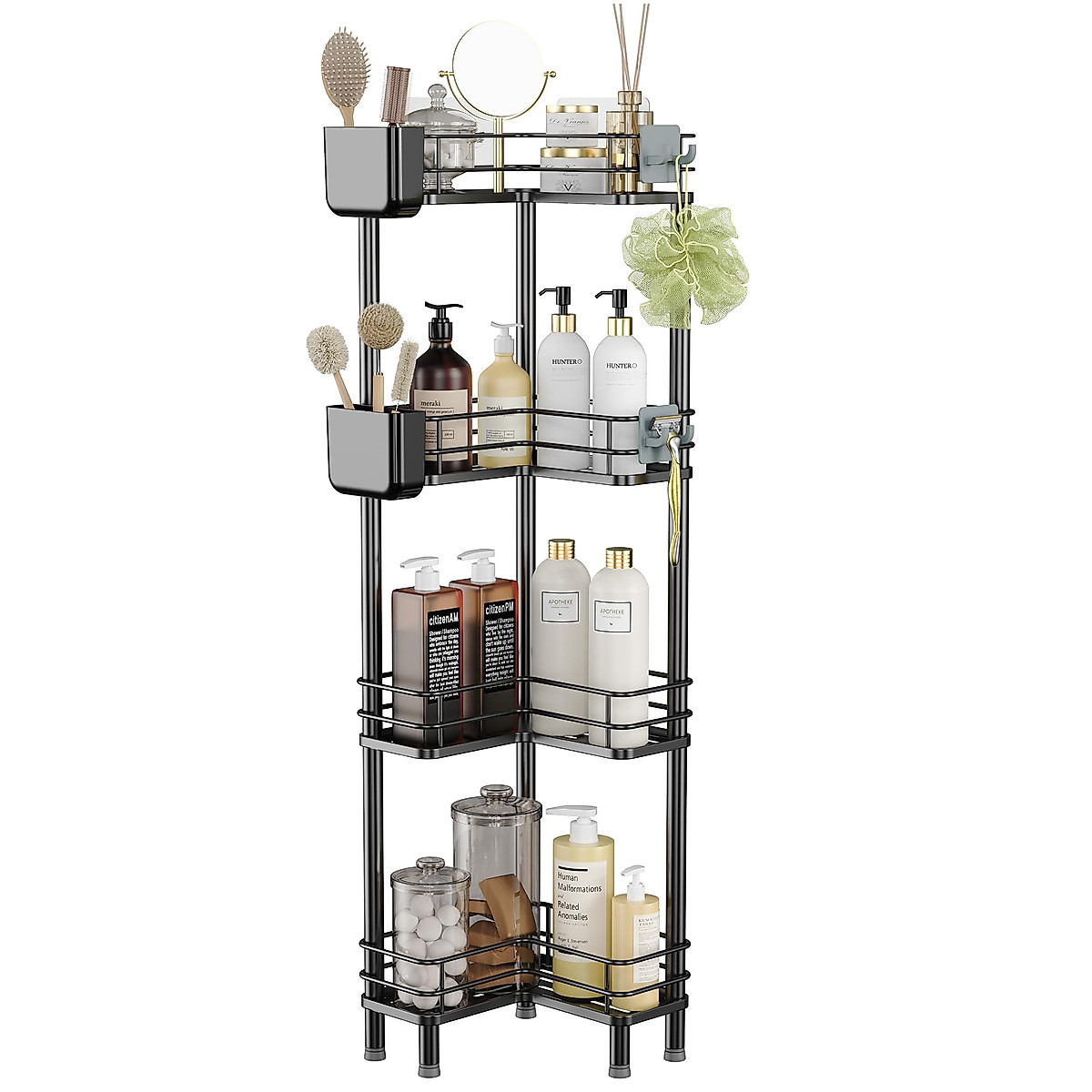 Vetacsion Corner Shower Caddy with Toothbrush Shelves, 4 Tier Standing Rustproof Shower Organizer, Metal Floor Shower Shelves for Bathroom Storage