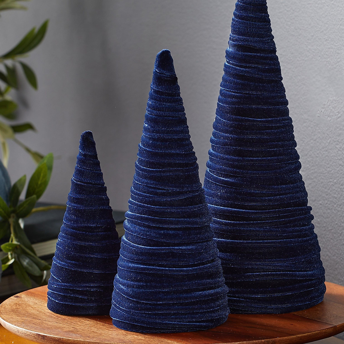 Navy Velvet Cones Set of 3, Mantel decor Holiday Entryway, Minimalist decor, Blue Christmas, Tree Figurines (Navy)