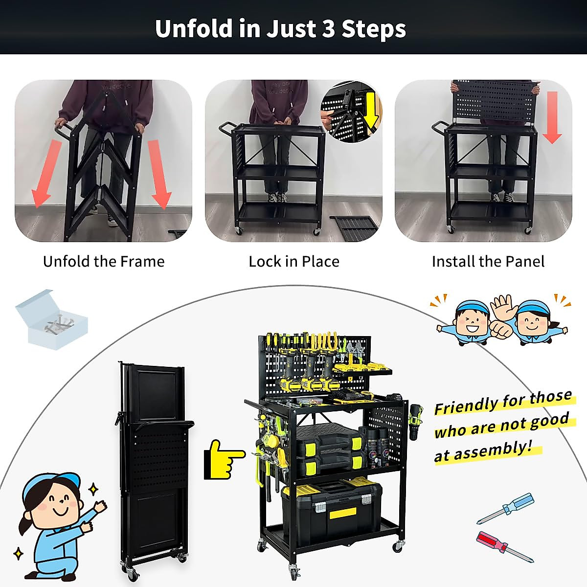 Lumizone 3-Tier Foldable Rolling Tool Cart with Wheels, Utility Cart with Pegboard for Garage Organizer and Tool Storage, Power Tool Storage Cart on Wheels (Tool Cart)