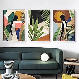 Abstract African American Wall Art Canvas Painting Black Woman and Green Plant Wall Art Pictures Set of 3 Nordic Wall Art Posters and Prints Pictures Wall for Living Room Decoration Unframed