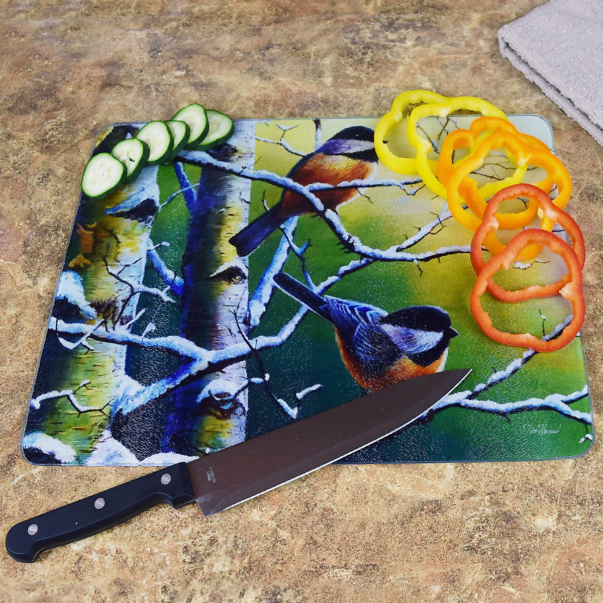 Rivers Edge Products Large 12in x 16in Decorative Tempered Glass Cutting Board, Hypoallergenic, Non Slip, Textured Surface Chopping Board for Kitchen, Cute Birds for Bird Watcher, Chickadee