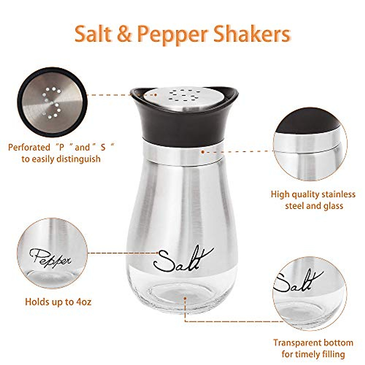 Salt and Pepper Shakers, Stainless Steel and Glass Bottle, Set of 2