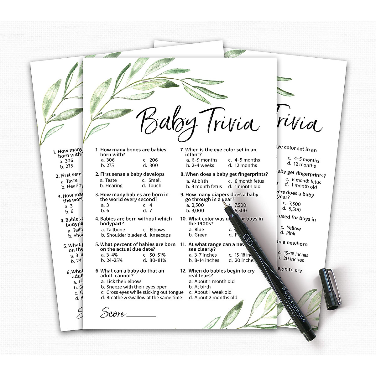 GREENERY Baby Shower Game — BABY TRIVIA Games — Pack of 25 — Fun Baby Facts Games, Floral, Green, Olive Branch Baby Shower Activity, Rustic Gender Neutral Baby Shower Games, G320-TRV