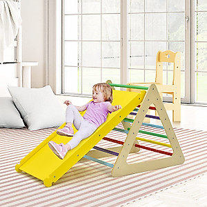 HONEY JOY 4 in 1 Triangle Climber with Ramp, Indoor Toddler Climbing Triangle Set with Ladder & Slide, 3-Piece Wooden Kids Climbing Toys for Playground, Gym & Daycare, Gift for Boys Girls