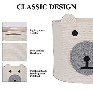 InfiBay Cotton Rope Storage Basket with Cute Bear Design, Woven Laundry Basket with Handles, Baby Nursery Organizer for Toys, Blanket, Clothes, Towels, 12”(D) x 11”(H)
