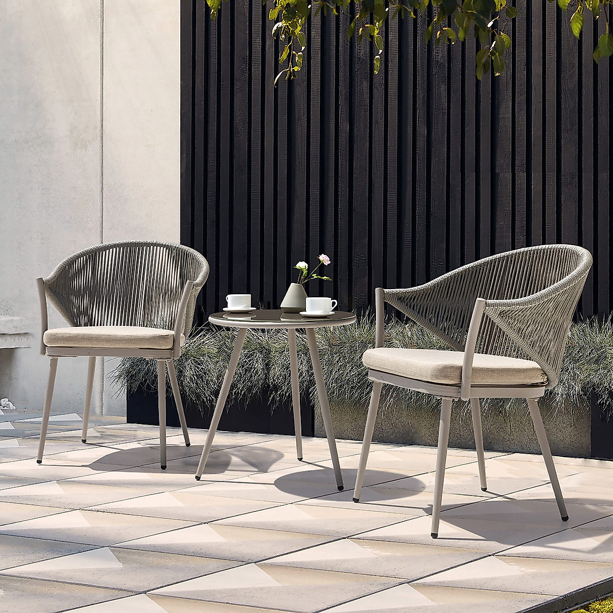 NUU GARDEN Patio Dining Chairs Set of 1, Woven Rope Outdoor Dining Chairs, All-Weather Aluminum Arm Chairs with Cushions for Garden, Deck, Backyard, Balcony, Lawn, Indoor, Beige