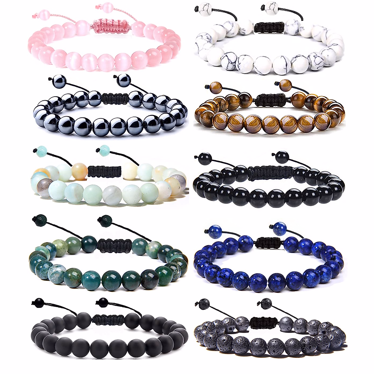 SONNYX 10PCS 8mm Semi-Precious Gemstone Bracelets Set Natural Stone Bracelets for Women Men Round Beaded Adjustable Stretch Crystal Bracelets
