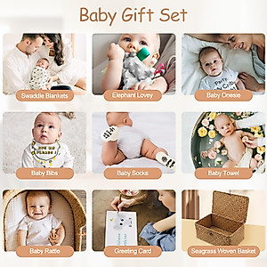 Baby Shower Gifts, Neutral Baby Gift Baskets Woven Gift Box Muslin Swaddle Blankets Babies Lovey Toy Rattle Socks Bibs Onesies Infant Gift Essentials, Newborn Baby Gifts for Girls Boys