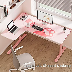 EUREKA ERGONOMIC Pink L Shaped Gaming Desk, 60 Inch Large Home Office Corner PC Computer Table Study Writing Modern Workstation Girls Female Gifts L60 w Mouse Pad Cable Management, Space Saving, Left