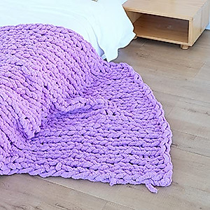 Chunky Knit Throw Blanket Soft Cozy Chenille Casual Handwoven Blanket for Bed Sofa Chair Home Decor (Purple, 40" × 80")
