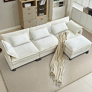 MANBUR Cloud Couch Sectional, Moudular Sectional Sofa Couch, 3-Seat L Shaped Extra Deep Seat Sofa Couch with Ottoman and Pillows for Living Room, Apartment, Office(Cream White)