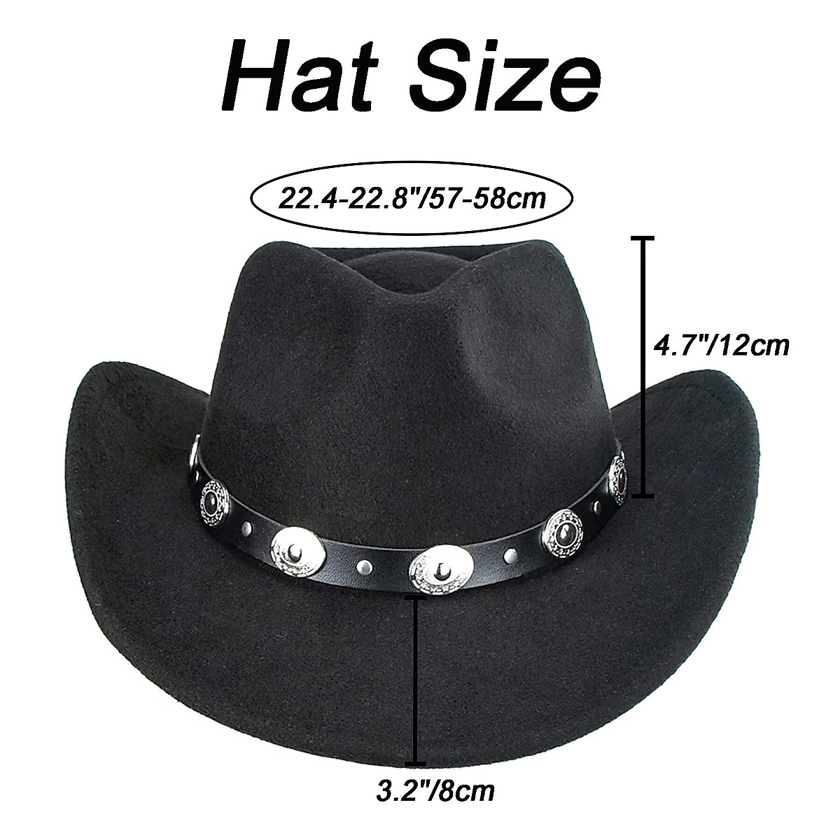 Classic Western Cowboy Hat for Women and Men Roll Up Wide Brim Felt Fedora Hats Cowgirl Hat with Belt Buckle Black