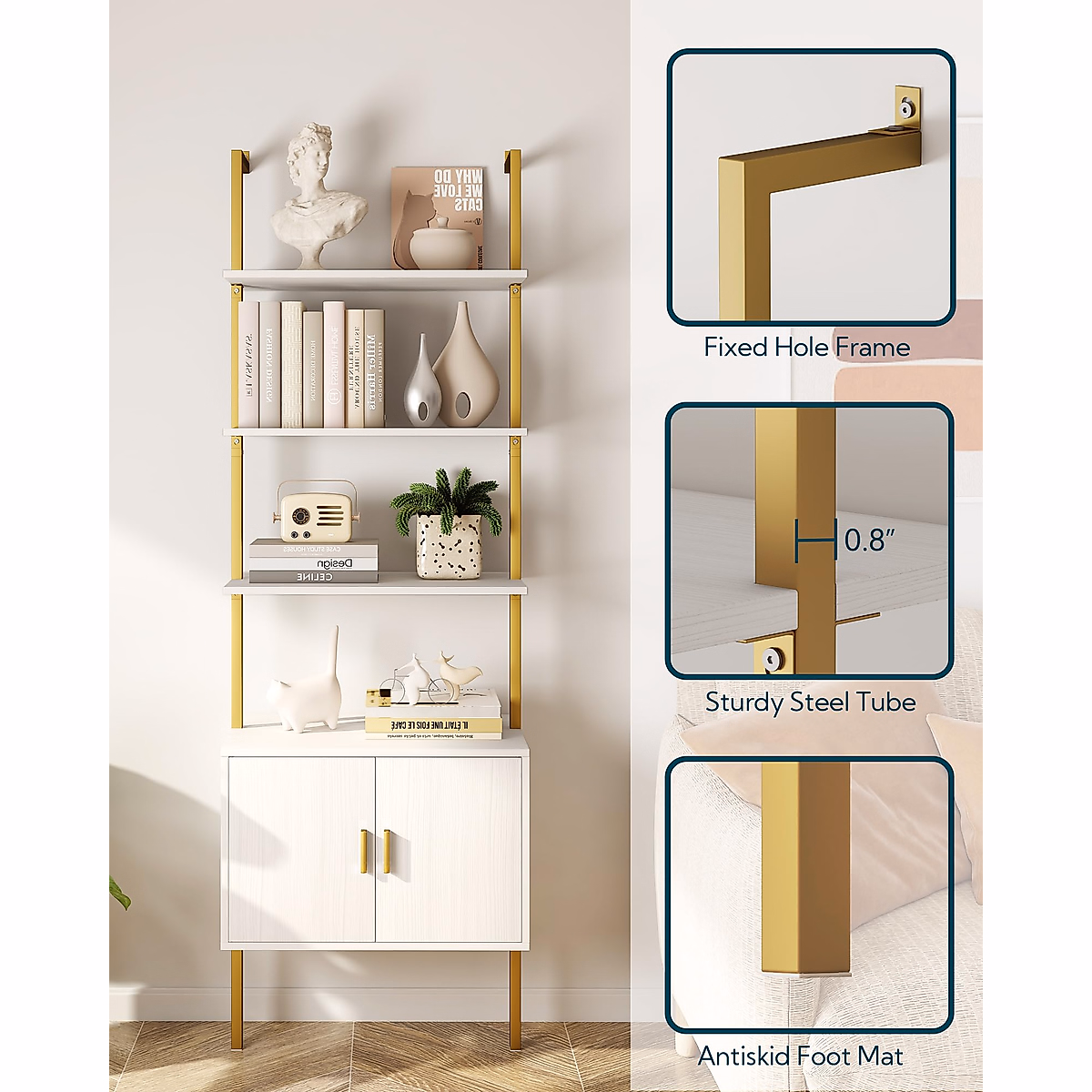 Yusong 73" Tall Bookshelf with Cabinet, Industrial Ladder Wall Mount Shelf Bookcase with Wood and Metal Frame, Plant Shelf Wall Storage Display for Living Room Bedroom, White Gold