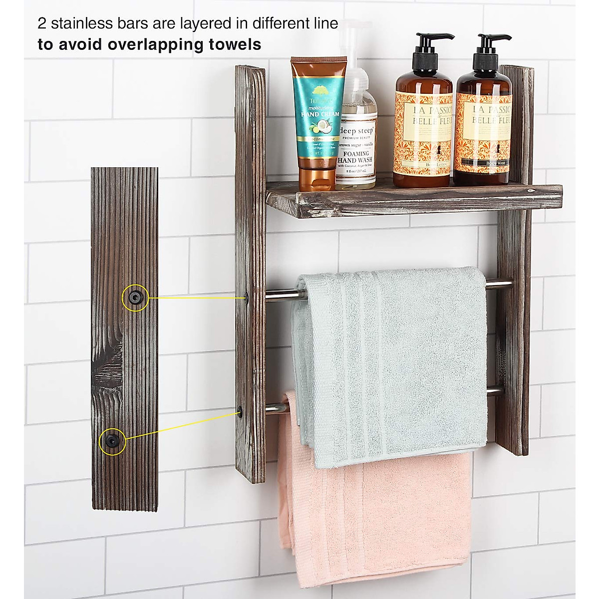 J JACKCUBE DESIGN Rustic Wood Wall Mount Towel Rack with Shelf, Blanket Ladder for Bathroom, Kitchen Hand Towels Holder, Stainless Towel Bar Hanger Farmhouse Decor - MK576A