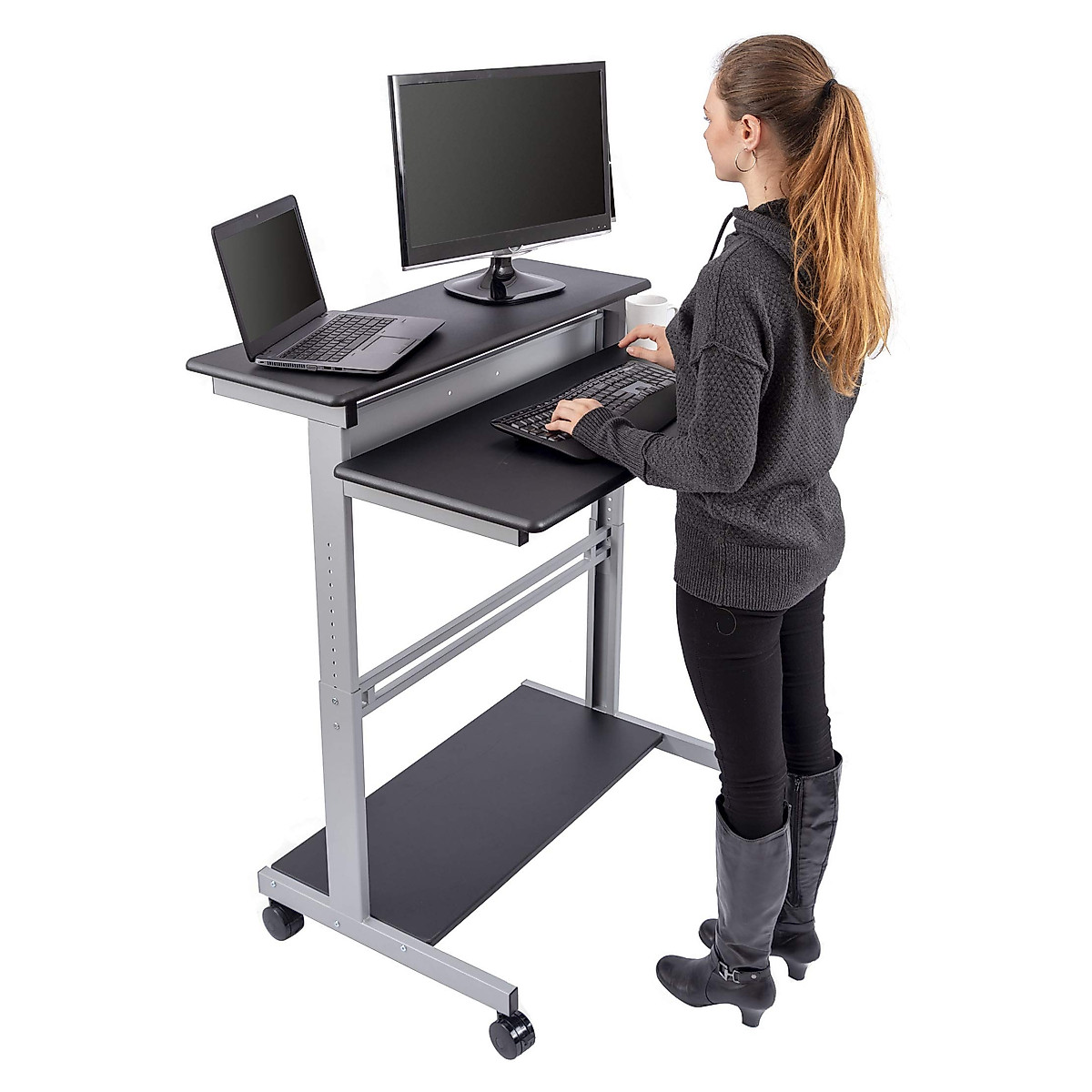 Stand Up Desk Store Rolling Adjustable Height Two Tier Standing Desk Computer Workstation (Silver Frame/Black Top, 40" Wide)