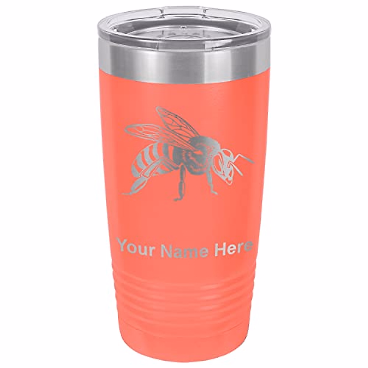 LaserGram 20oz Vacuum Insulated Tumbler Mug, Honey Bee, Personalized Engraving Included (Coral)
