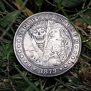 1879 Tattoo Princess with Her Skeleton King Art Coin Replica Morgan Silver Dollar Carson City Mint Mark 1.5" (38mm) Collectible with Protective Capsule and Display Stand – Comes with Display Stand