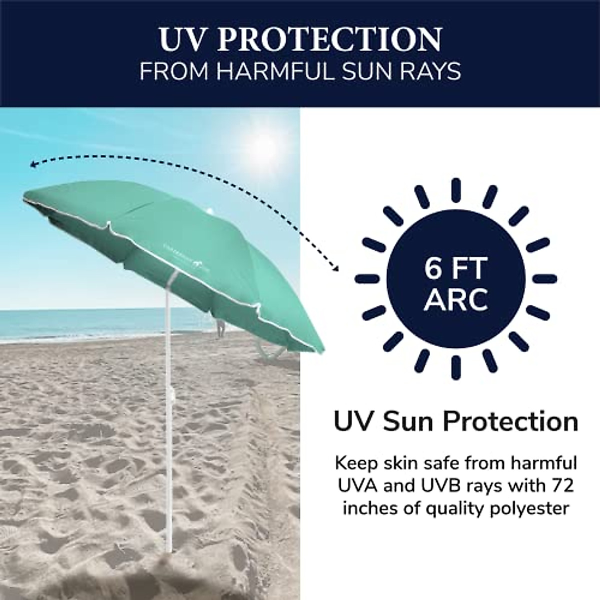 Caribbean Joe Beach Umbrella, Portable Outdoor Sun Umbrella With UV Protection, Shoulder Carry Bag, Full 6 ft Arc, Mint