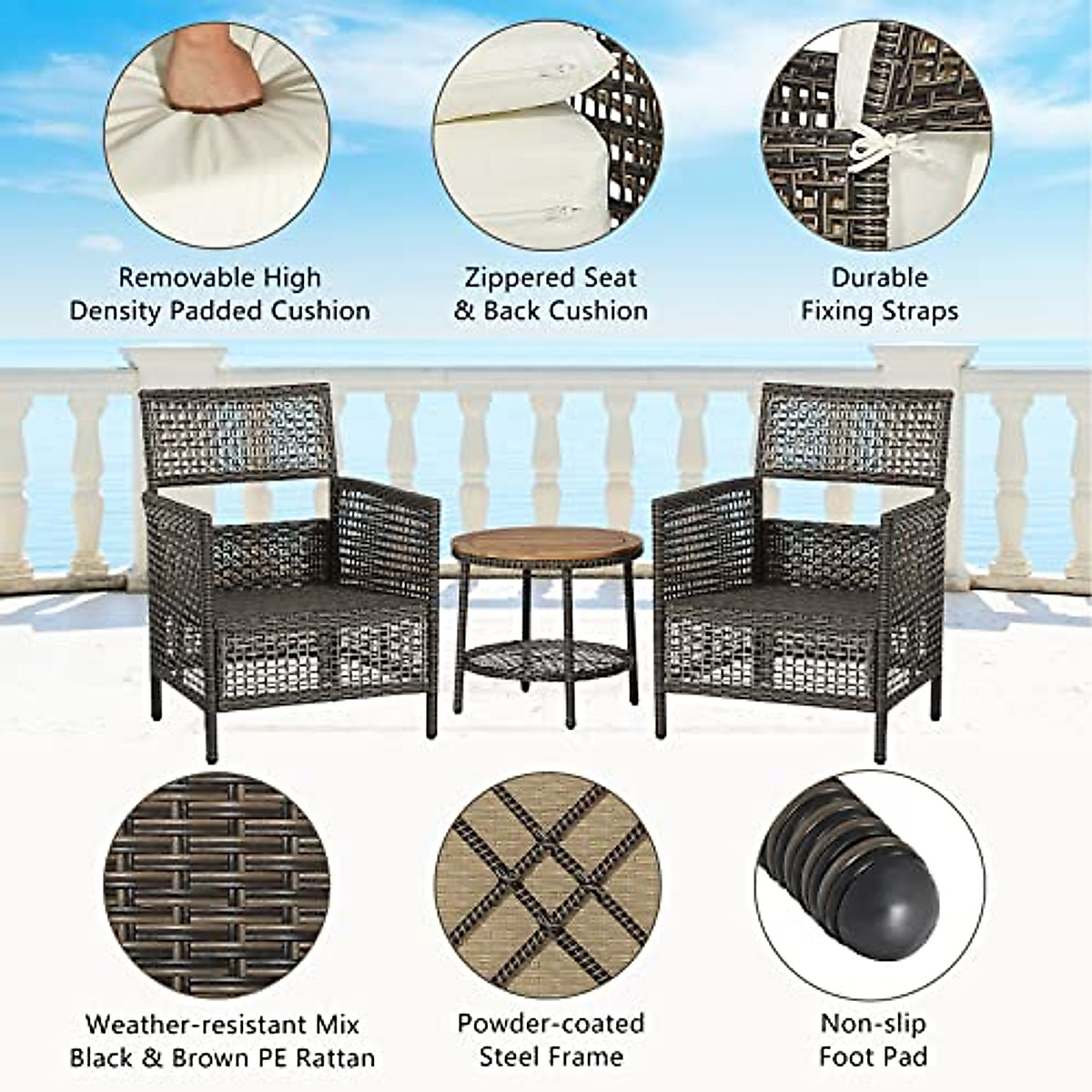 RELAX4LIFE 3 Pieces Patio Furniture - Set of 3 Patio Chairs, PE Wicker Bistro Set with Cushions, Outdoor Conversation Set with 2-Tier Acacia Wood Coffee Table for Backyard, Porch, Balcony Furniture