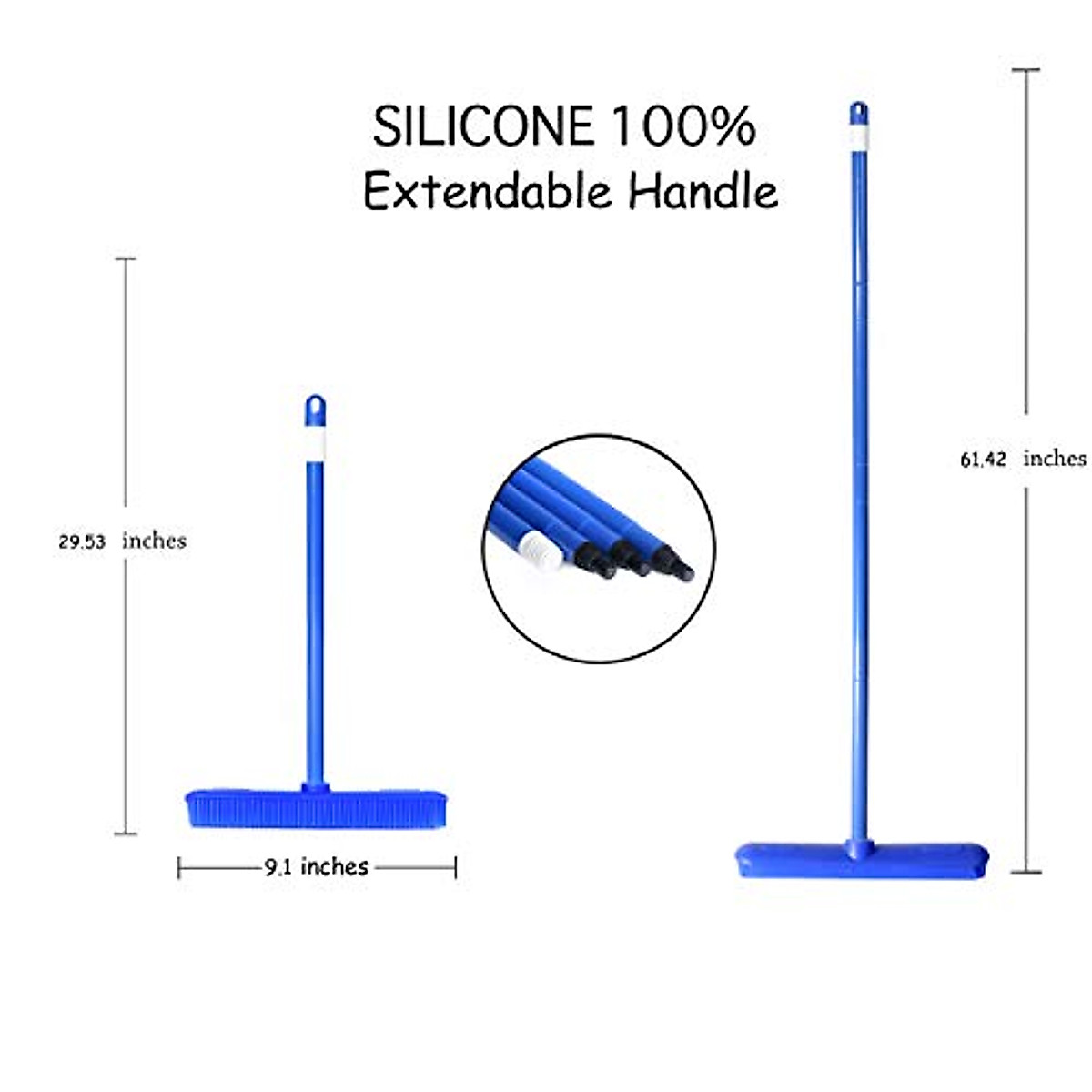 ElectroSilk Silicone Bristle Push Broom Carpet Rake Squeegee for Dust, Human and Pet Hair Remover, Multi-Tool Mop for Floor Cleaning, Adjustable Handle Up to 64 in Long, Cat Dog Fur Cleaning Supplies